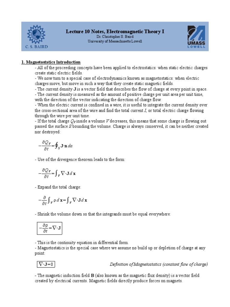 Lecture 10 Notes, Electromagnetic Theory I: 1. Magnetostatics ...