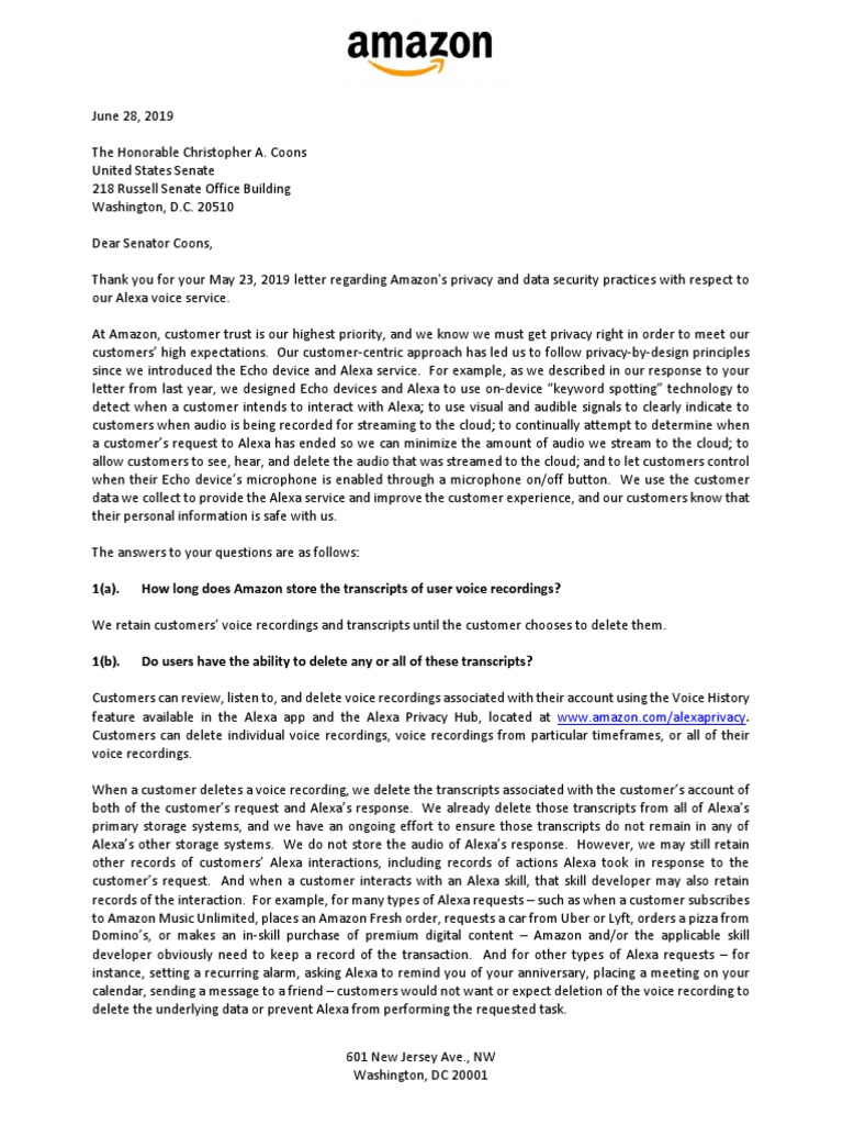 Amazon Senator Coons Response Letter | PDF | Amazon Echo | Computing