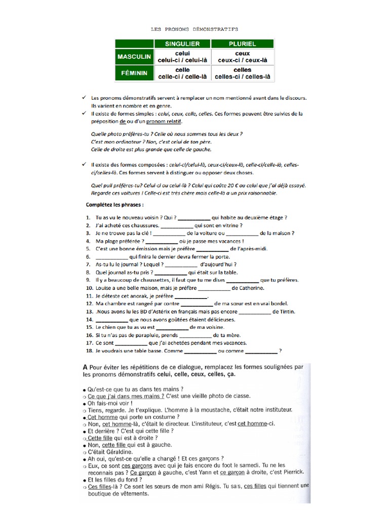 Pronoms Demonstratifs - Exercices | PDF | Syntaxe | Morphologie ...