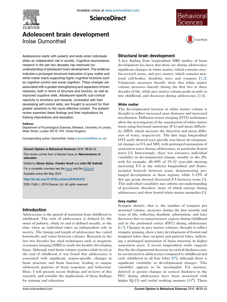 Adolescent Brain Development: Iroise Dumontheil | PDF | Executive ...
