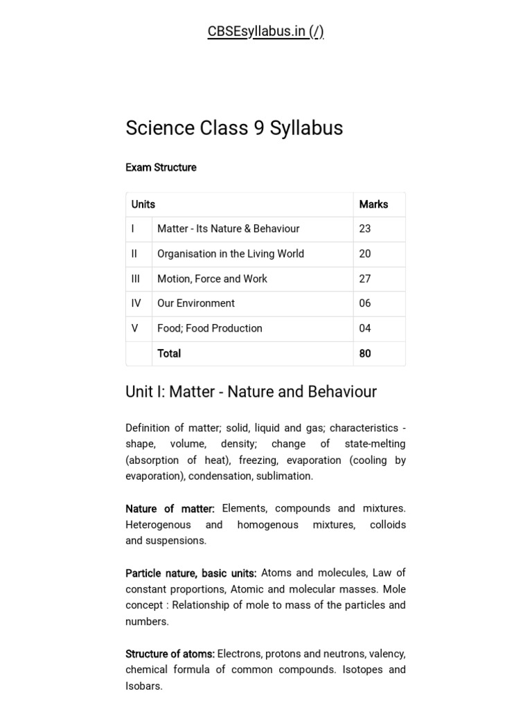Science Class 9 Syllabus - CBSEsyllabus - in | PDF | Force | Cell (Biology)