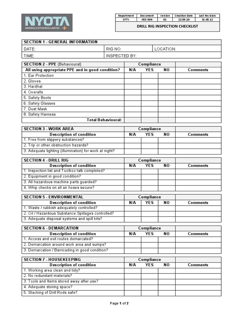 Inspection Checklist Drill Rig PDF | PDF | Personal Protective ...