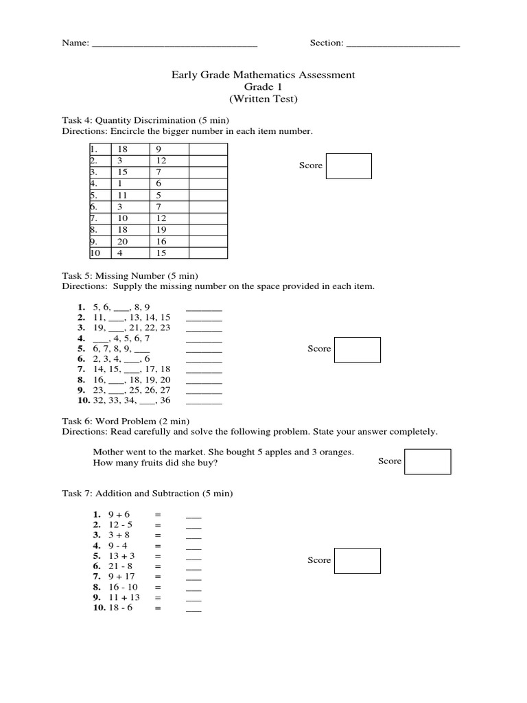 Early Grade Mathematics Assessment Grade 1 (Written Test) | PDF ...