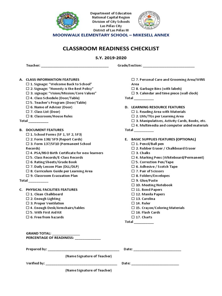 Classroom Readiness Checklist | PDF | Adhesive | Classroom