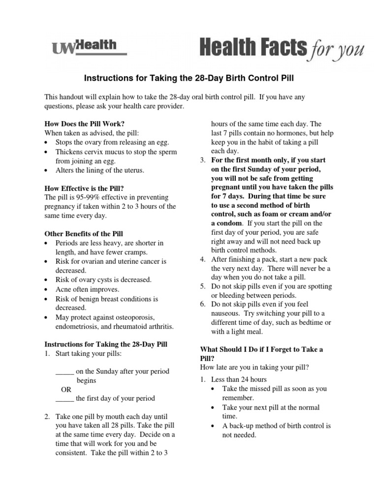 Instructions For Taking The 28-Day Birth Control Pill | PDF | Combined ...