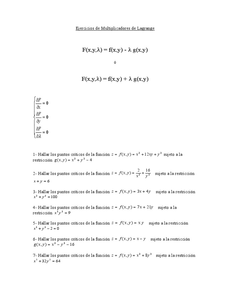 Ejercicios de Multiplicadores de Lagrange | PDF | Métodos y materiales de enseñanza | Ciencia y ...
