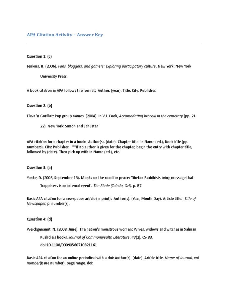 APA Citation Activity Answer Key | PDF