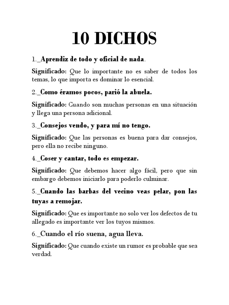10 Dichos, Refranes y Pregones Cortos | PDF | Artes del Lenguaje y ...