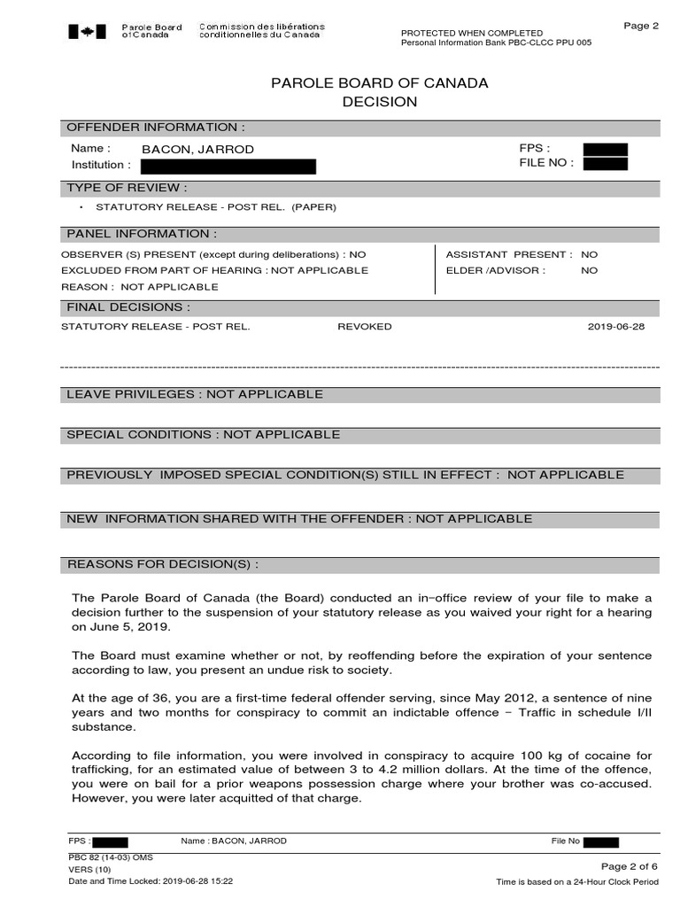 Jarrod Bacon Parole Board of Canada 2019 | PDF | Recidivism | Misconduct