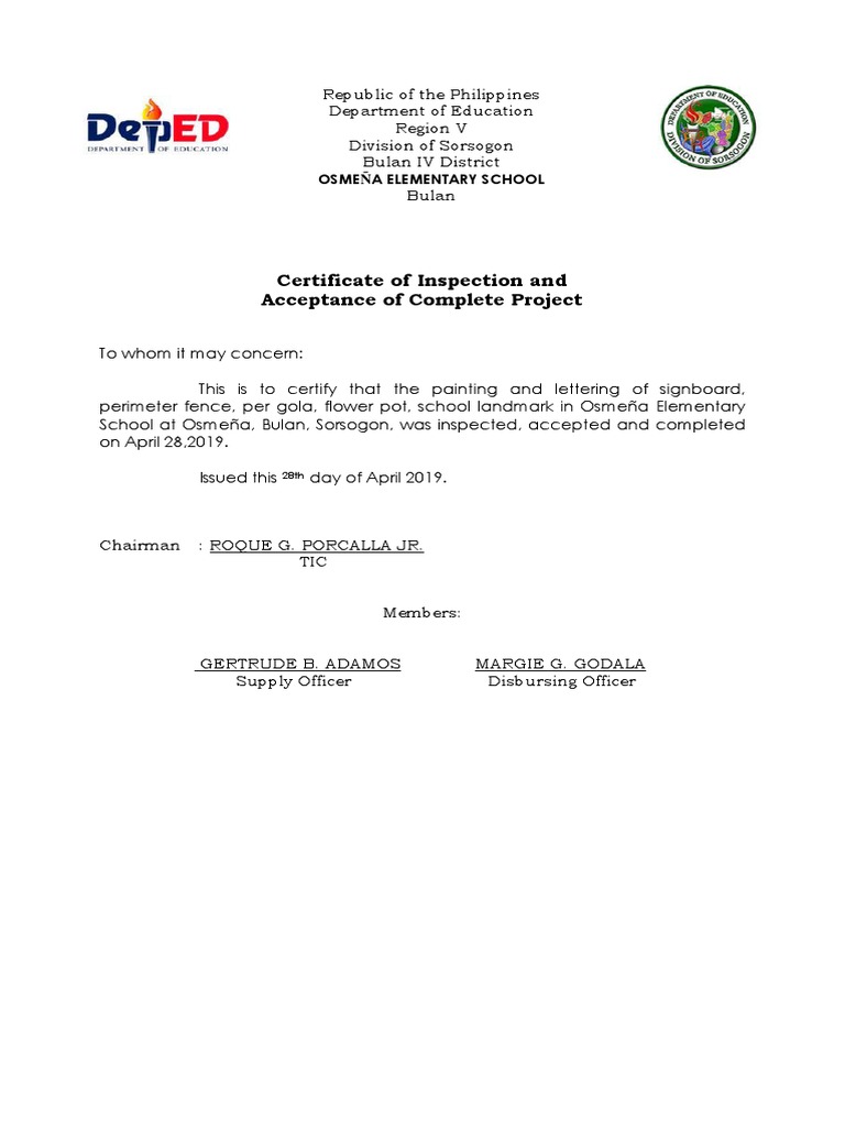 Certificate of Inspection and Acceptance | PDF