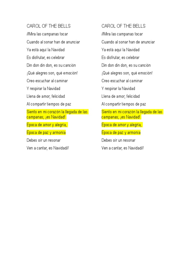 Letra de "Carol of the Bells" en español | PDF | Arte | Religión y ...