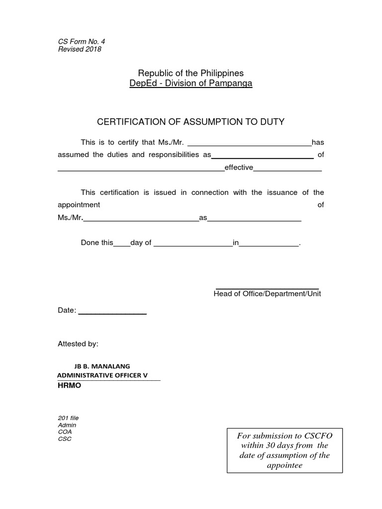 Cs Form No. 4 Certification of Assumption To Duty | PDF