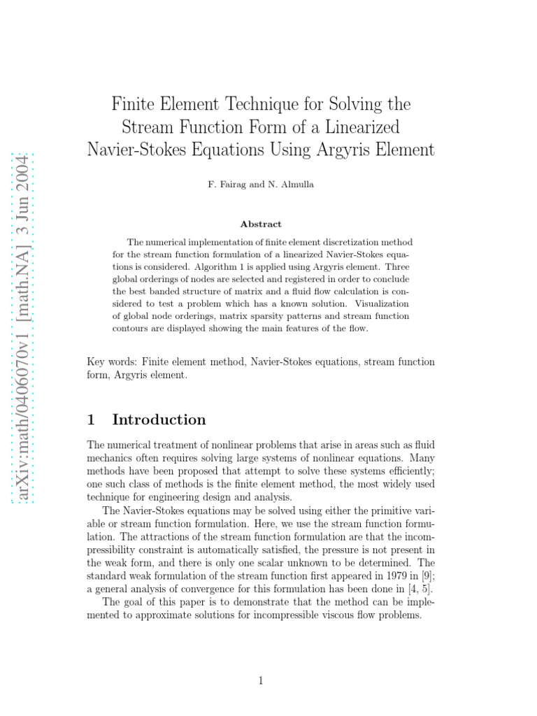 Finite Element Technique For Solving The Stream Function Form of A Linearized Navier-Stokes ...
