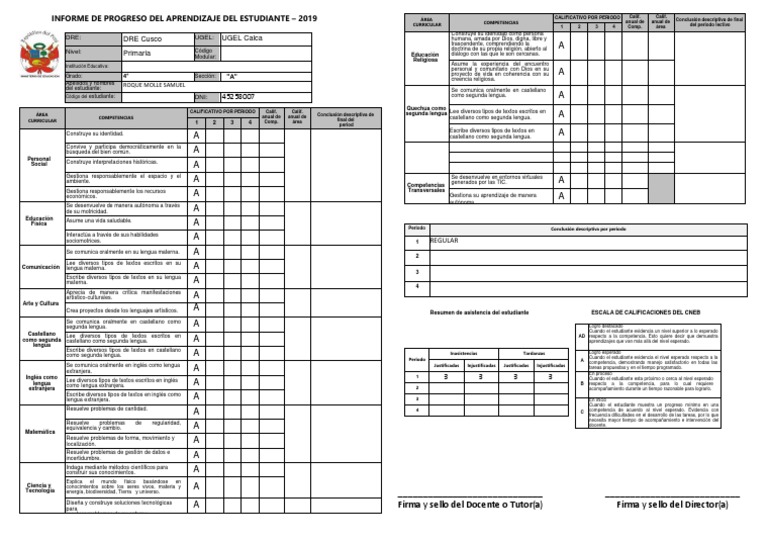 Informe de Progreso Del Aprendizaje Del Estudiante | PDF | Segundo ...