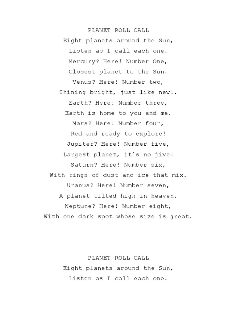 Poem-Planet Roll Call | PDF | Planets | Solar System