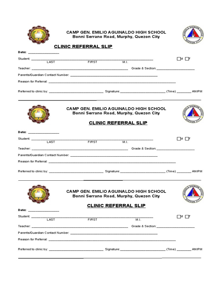 Clinic Referral Slip: Camp Gen. Emilio Aguinaldo High School Bonni ...