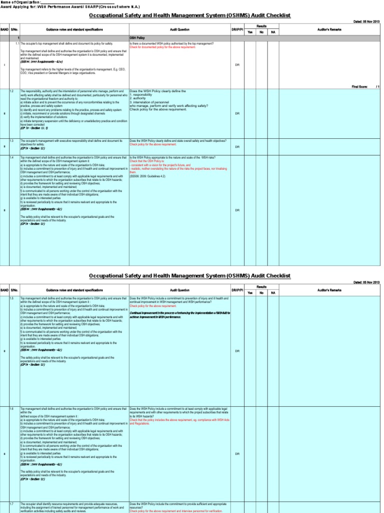 OSHMS Audit Checklist | PDF | Risk Assessment | Occupational Safety And ...