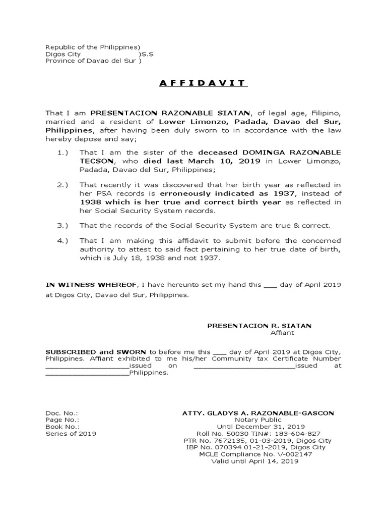 Affidavit: Philippines, After Having Been Duly Sworn To in Accordance ...