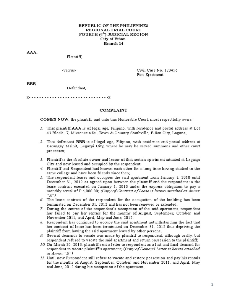 Complaint For Ejectment 03 | PDF | Lease | Lawsuit