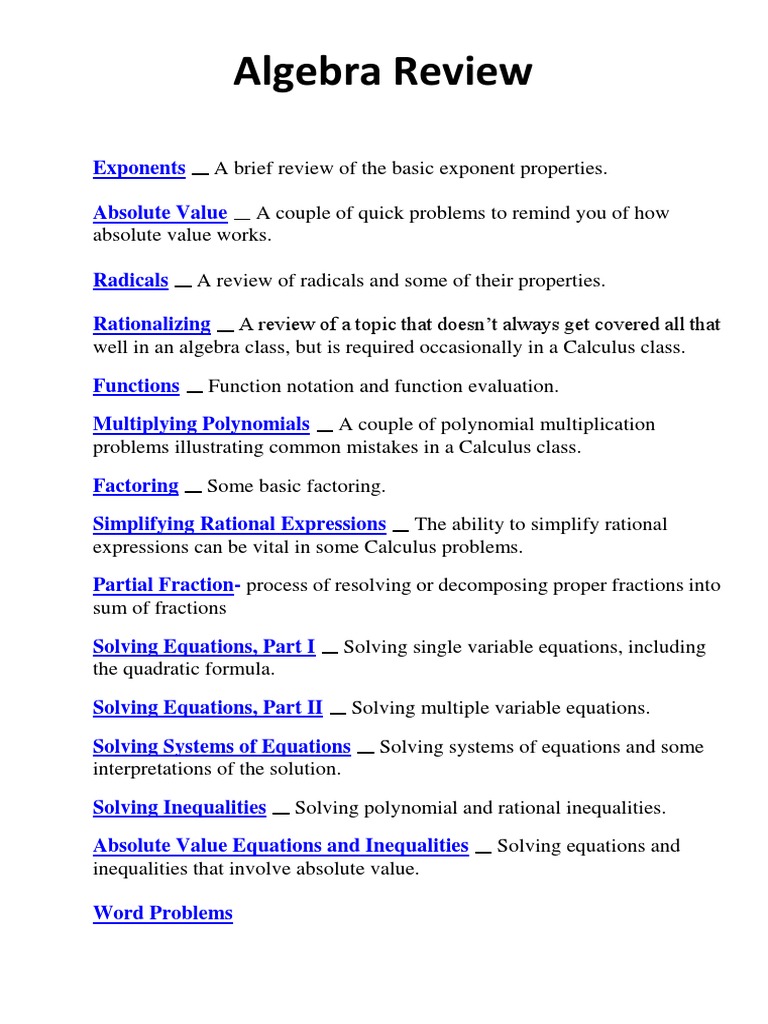 1-Algebra Review | PDF | Polynomial | Inequality (Mathematics)