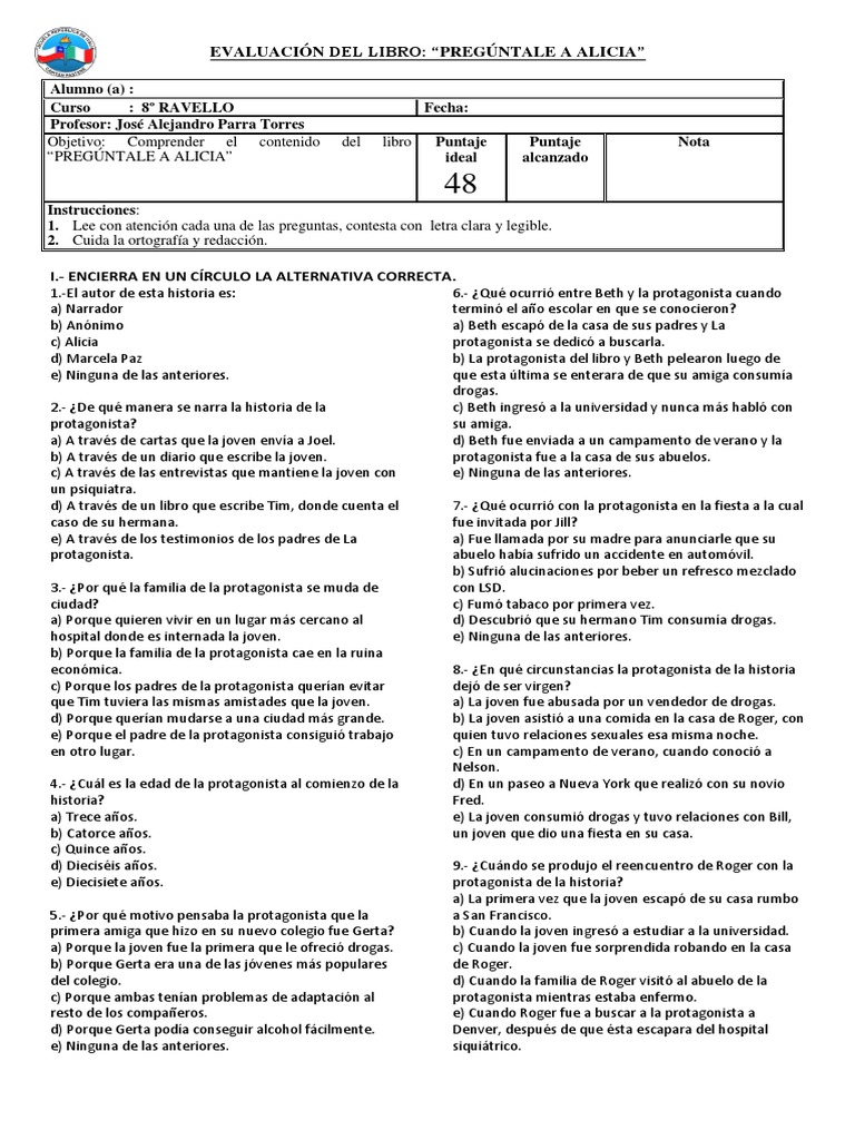 Evaluación Del Libro Preguntale A Alicia | PDF | Dietilamida del ácido ...
