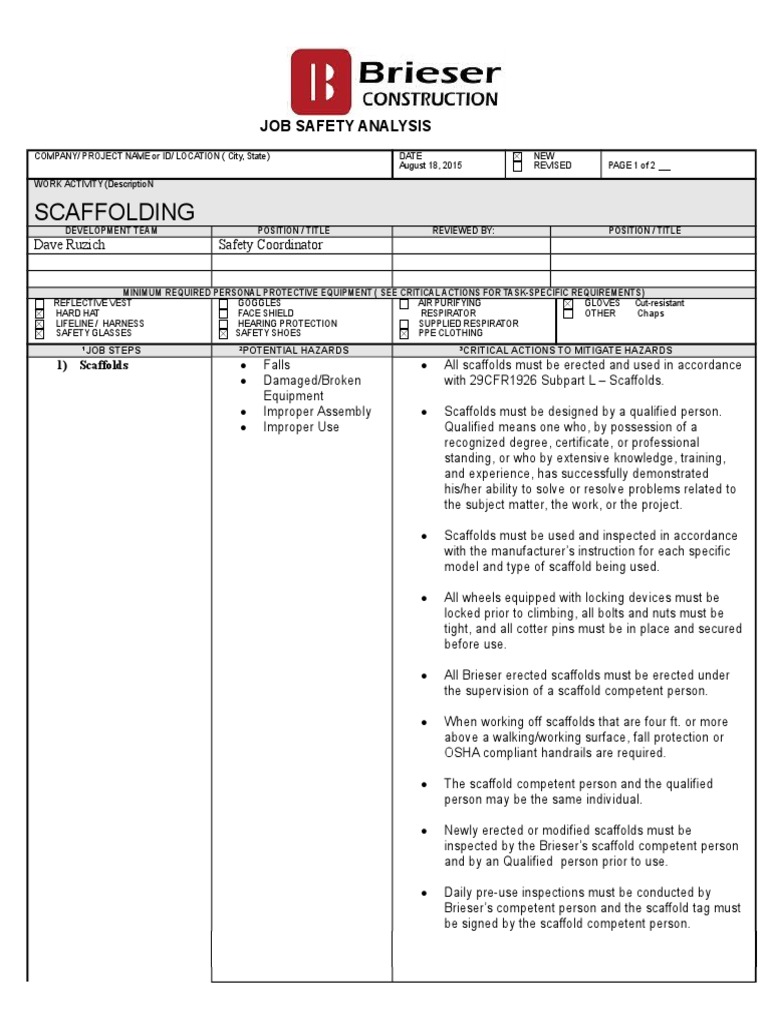 JSA Scaffolding | PDF | Personal Protective Equipment | Prevention