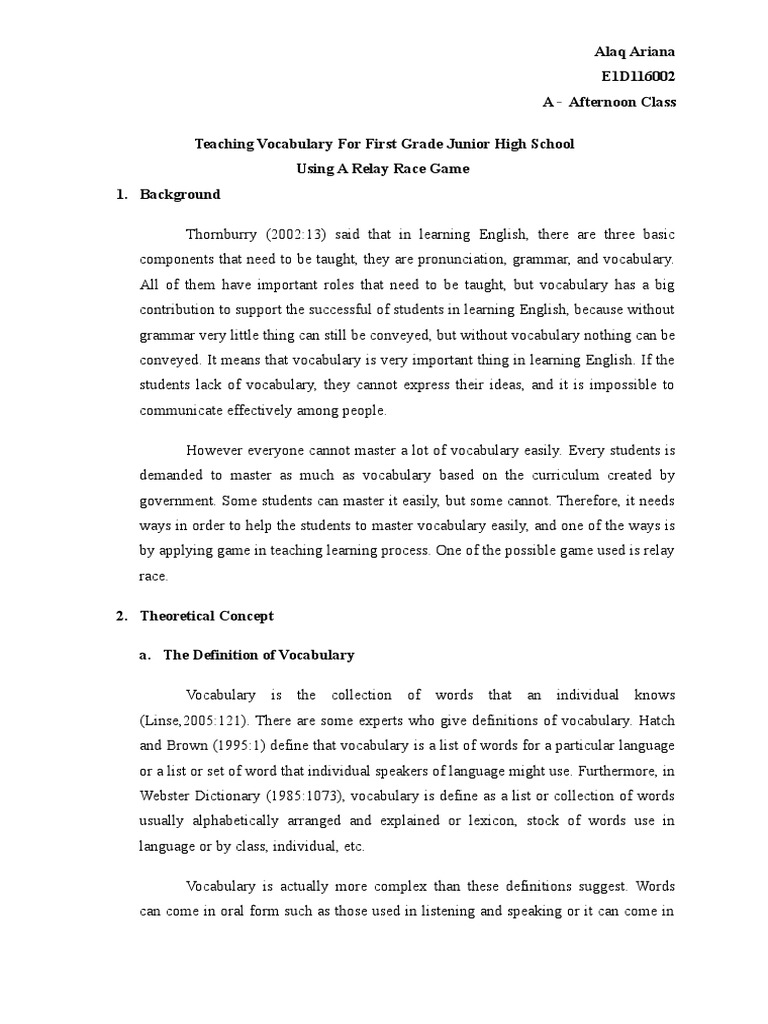 Teaching Vocabulary Using A Relay Race Game | PDF | Vocabulary | Teachers