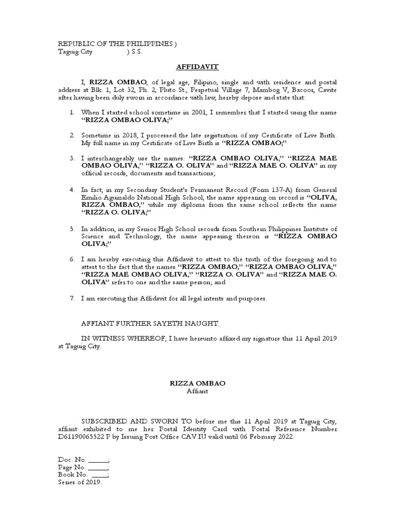 Affidavit - One and The Same Person (Rizza) | PDF