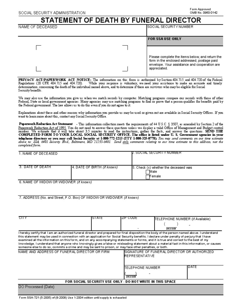 Statement of Death by Funeral Director: Social Security Administration ...