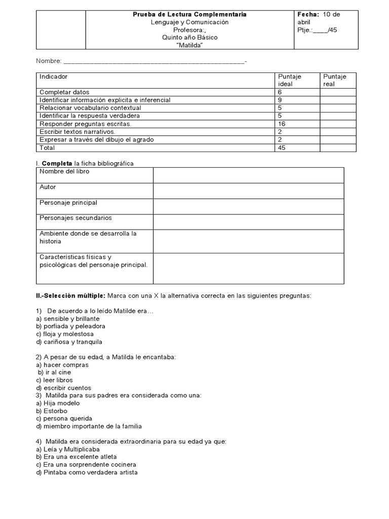 Prueba de Matilda 8 | PDF