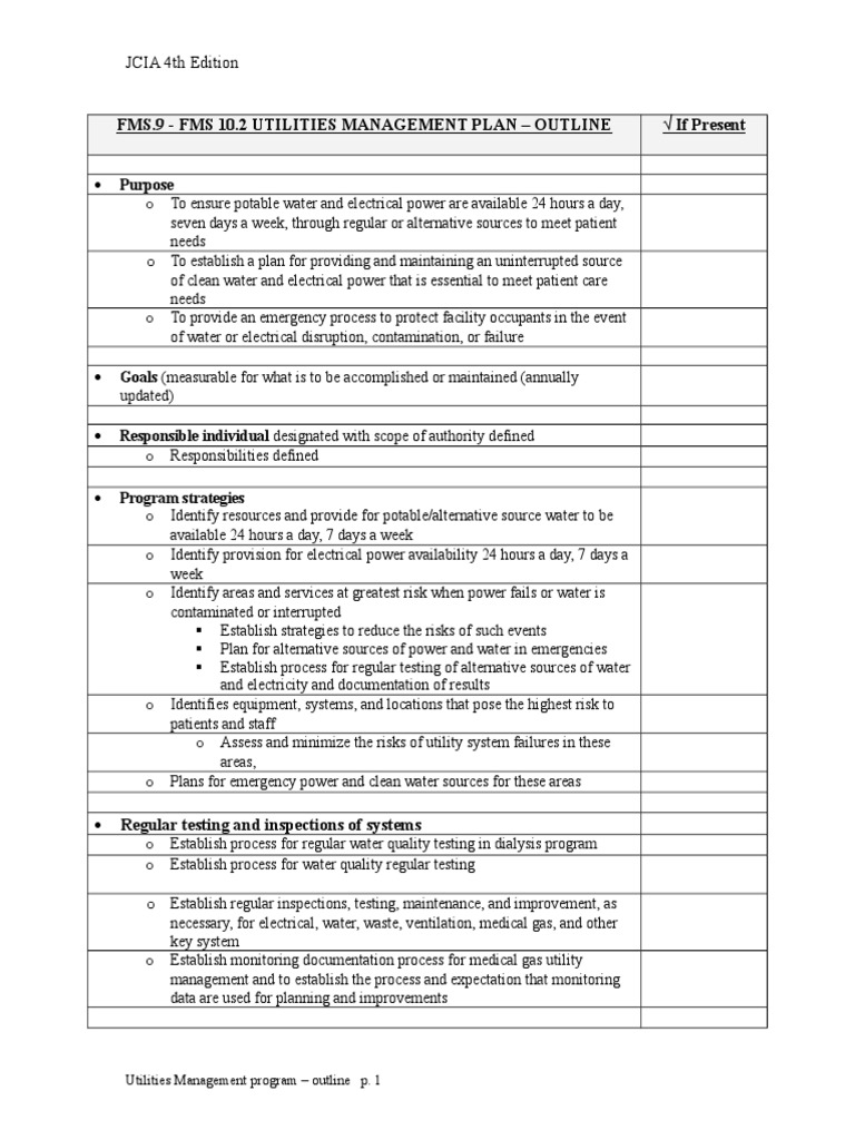 Fms.9 - Fms 10.2 Utilities Management Plan - Outline If Present | PDF ...