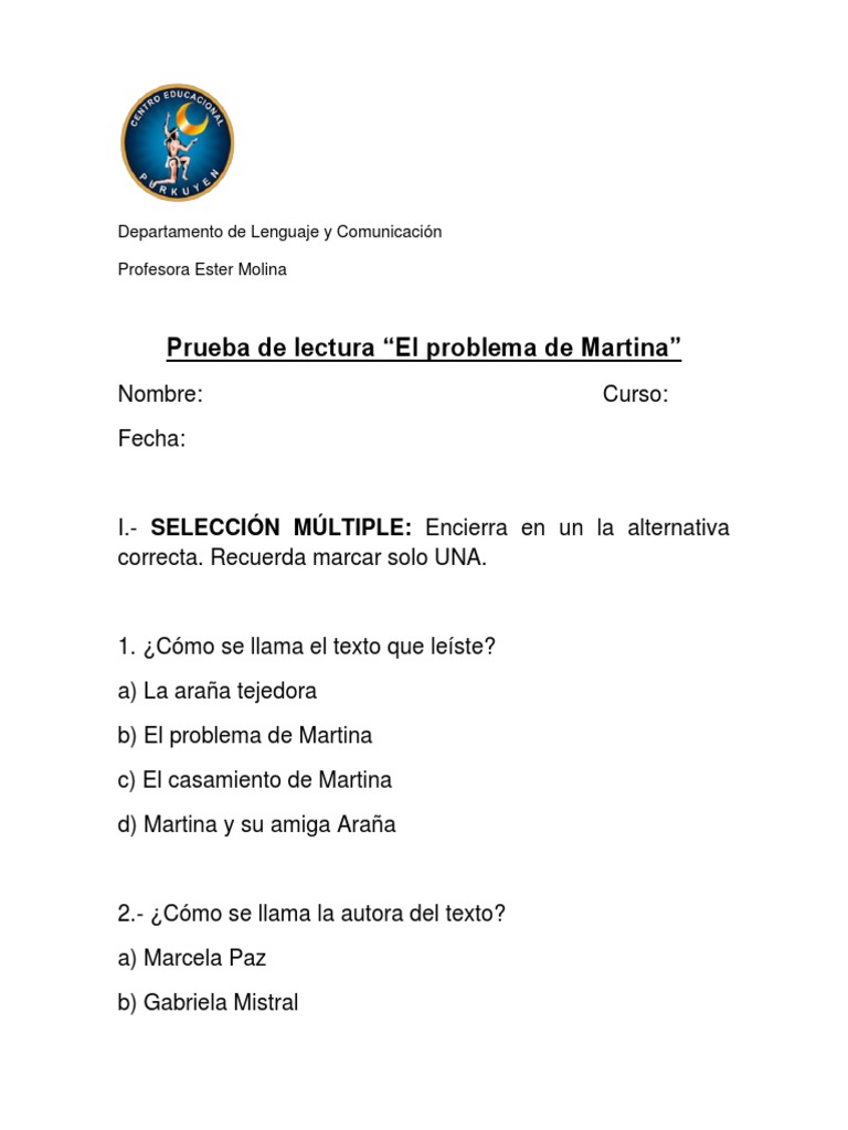 Análisis de una prueba de lectura sobre el cuento 'El problema de ...