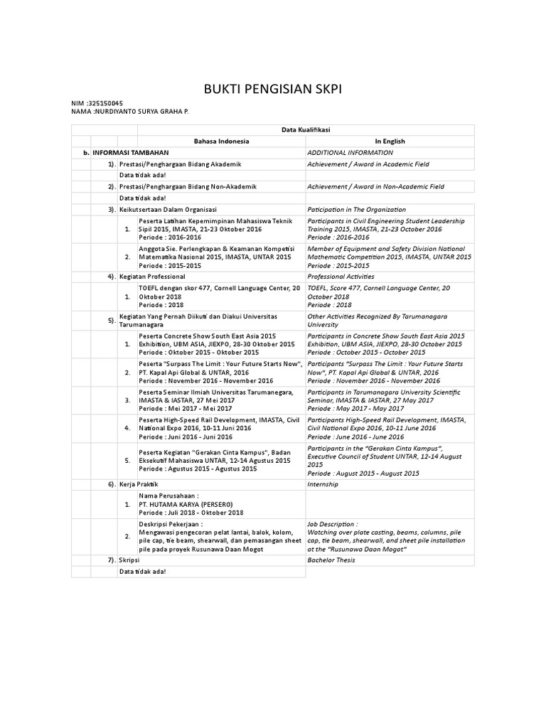 Bukti Pengisian Skpi: Data Kualifikasi Bahasa Indonesia in English B ...