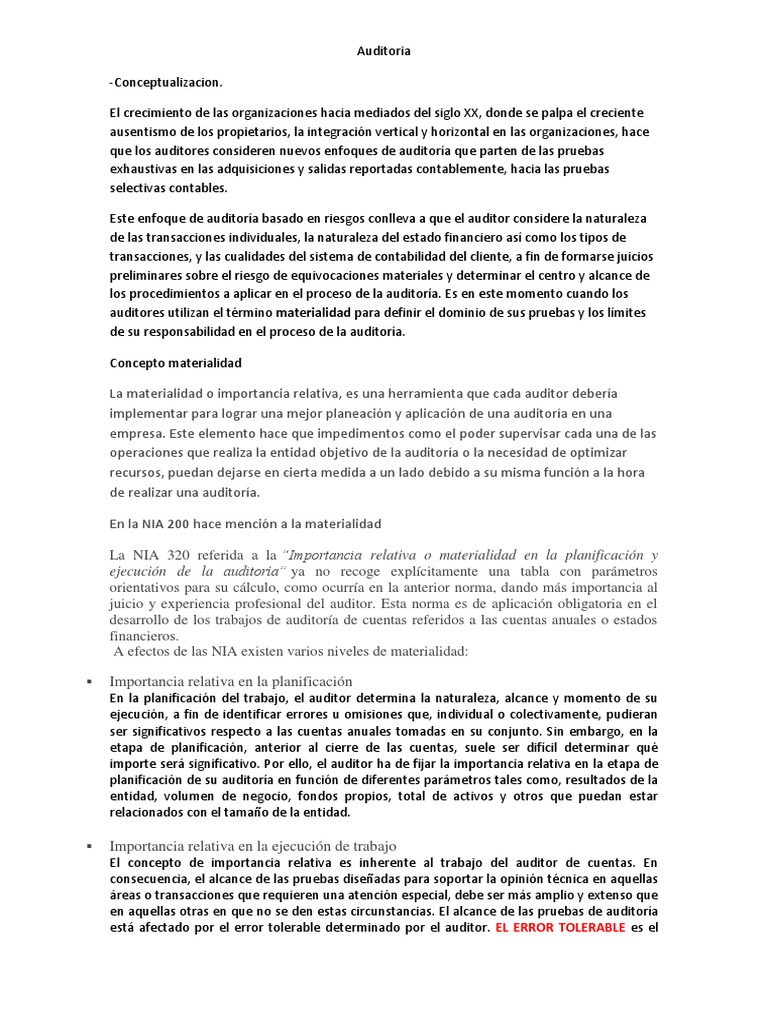 Importancia de la Materialidad en Auditoría | PDF | Contralor ...