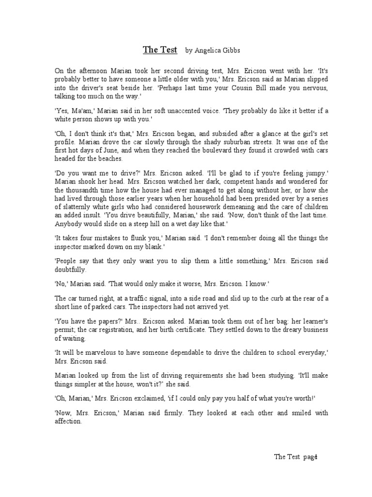 The Test by Angelica Gibbs | PDF | Transportation Engineering | Vehicles