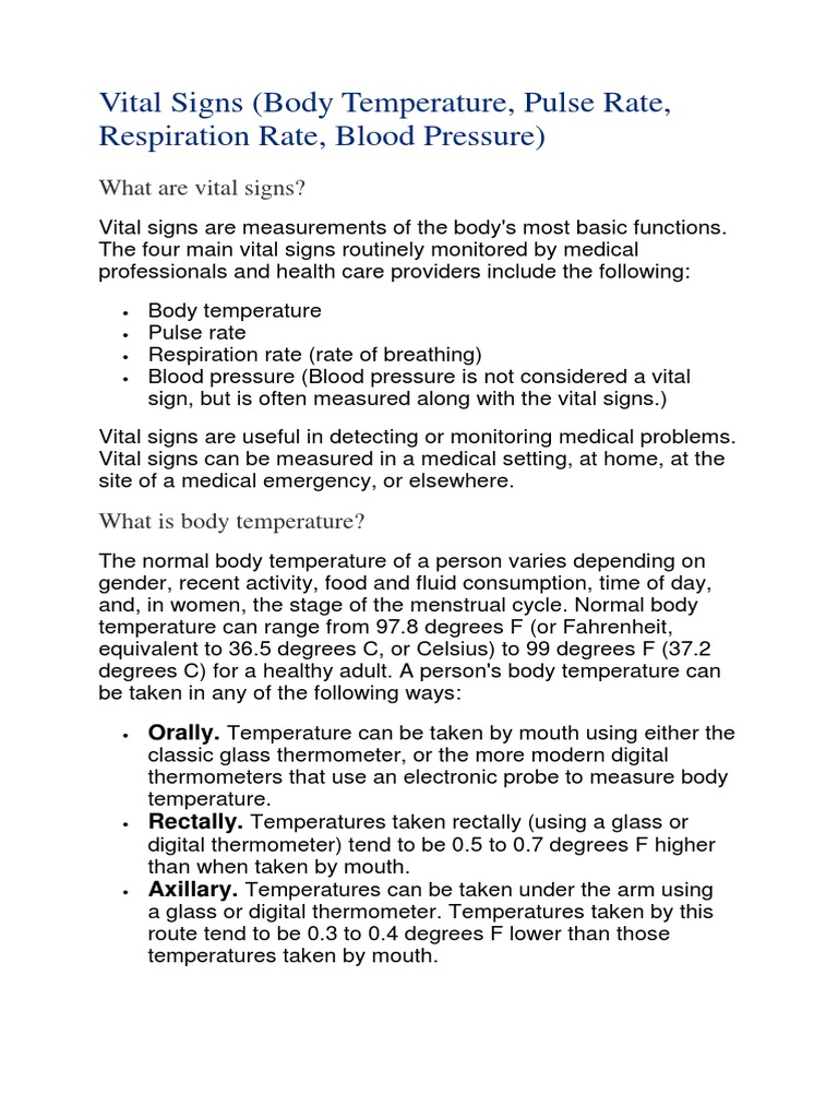 Vital Signs (Body Temperature, Pulse Rate, Respiration Rate, Blood ...