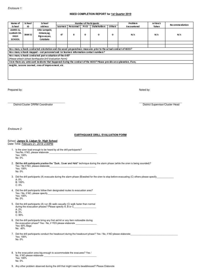 Earthquake Drill Evaluation Form | PDF | Emergency Evacuation | Pedagogy