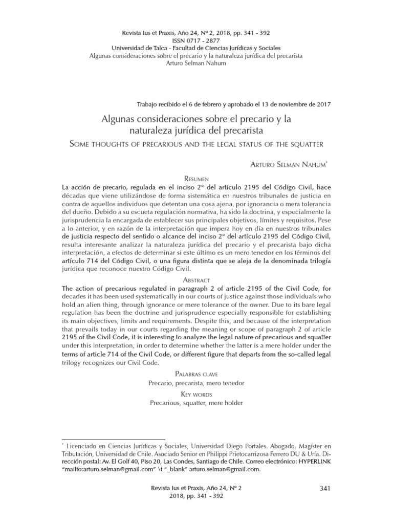 Algunas Consideraciones Sobre El Precario y La Naturaleza Jurídica Del ...