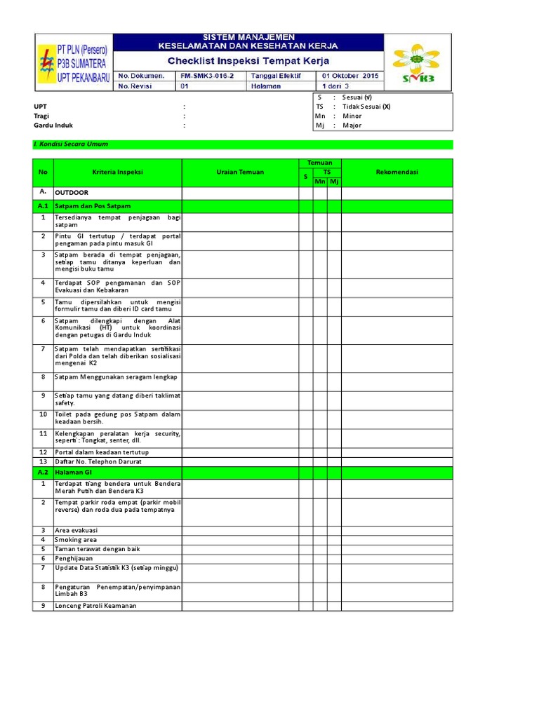 FM-SMK3-016-2 - Checklist Inspeksi Tempat Kerja 2015 | PDF