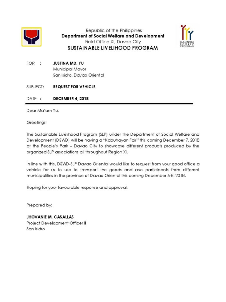 Vehicle Request for Kabuhayan Fair | PDF