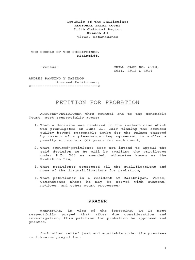 Petition For Probation Andres Pantino | PDF | Probation | Plea Bargain