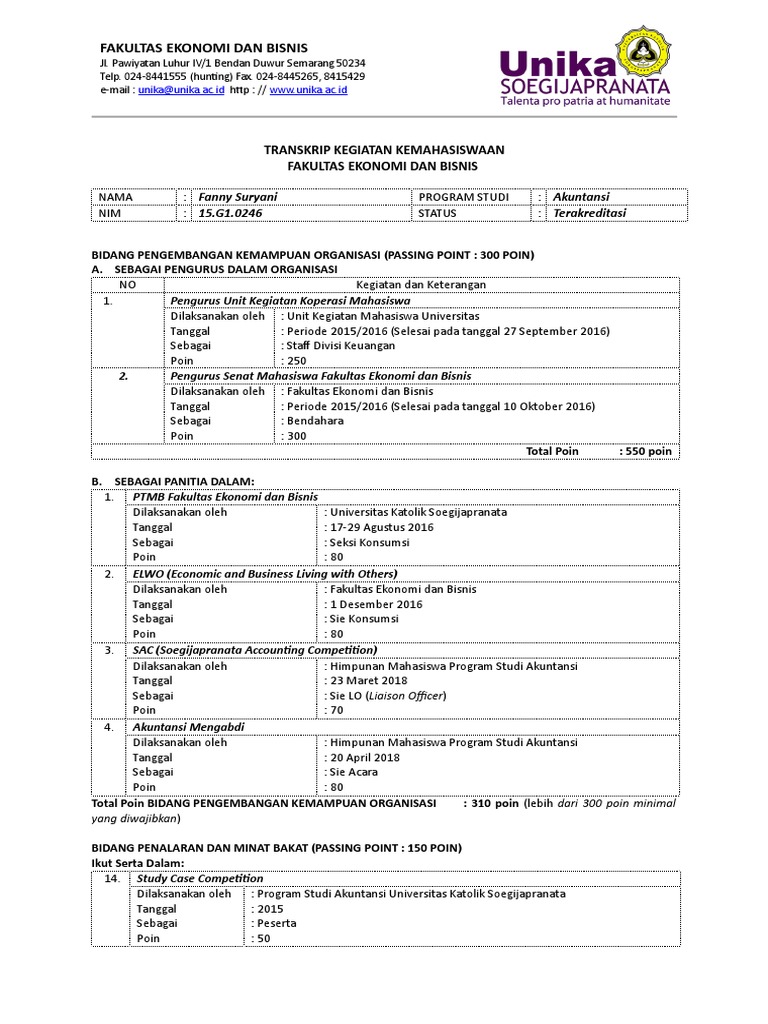 Contoh Transkrip Kegiatan | PDF | Bisnis | Seni