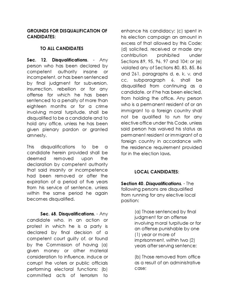 Grounds For Disqualification of Candidates | PDF | Crime & Violence ...