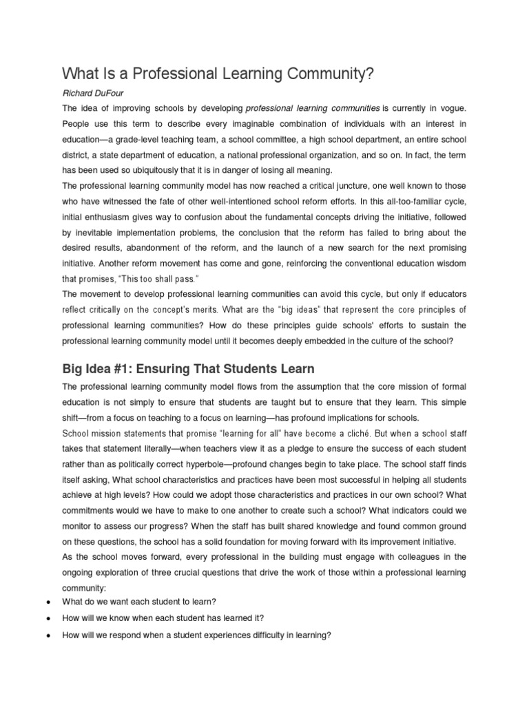 What Is A Professional Learning Community-Du Four | PDF | Educational ...