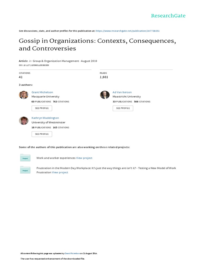 Gossip in Organizations Contexts Consequences and | PDF | Rumor ...