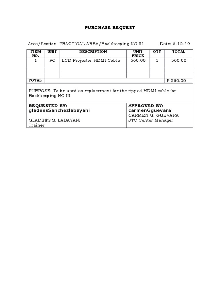 Bookkeeping NC III Purchase Request | PDF
