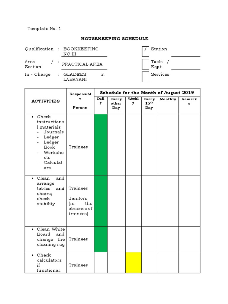 Template No. 1-HOUSEKEEPING SCHEDULE TEMPLATE | PDF | Building ...