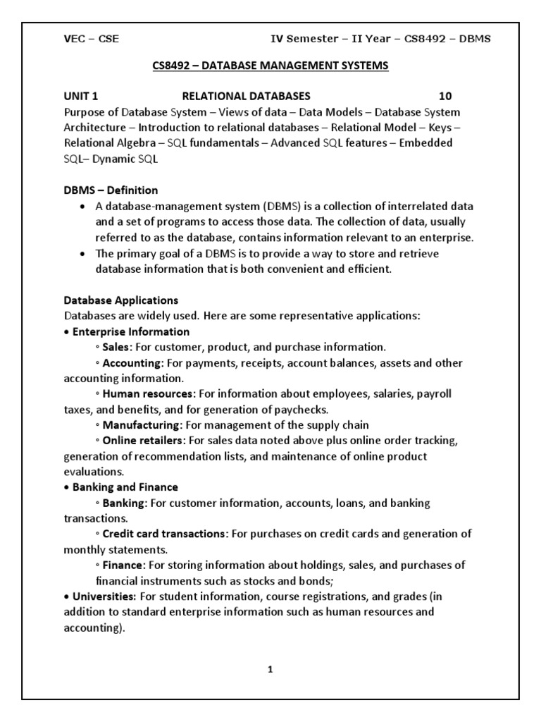 Vec - Cse IV Semester - II Year - CS8492 - DBMS | Download Free PDF | Databases | Relational ...