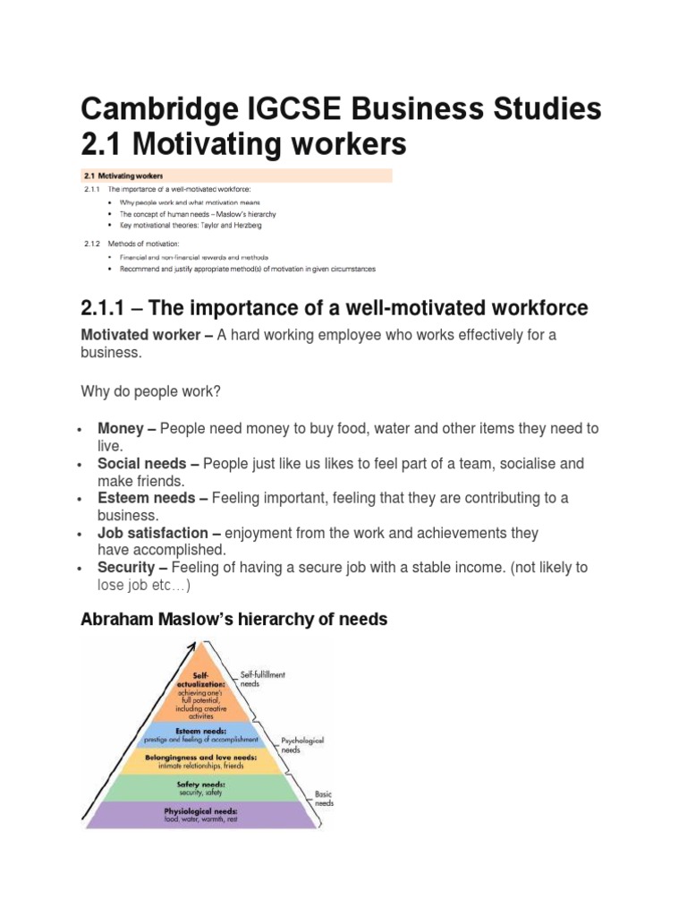 Cambridge IGCSE Business Studies 2.1 Motivating Workers: 2.1.1 - The ...