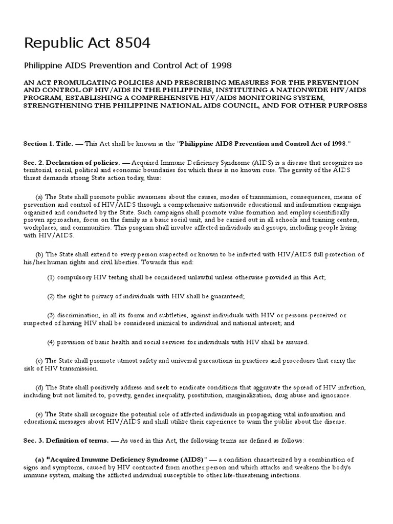 RA 8504 AIDS Prevention and Control Act of 1998 | PDF | Hiv/Aids ...